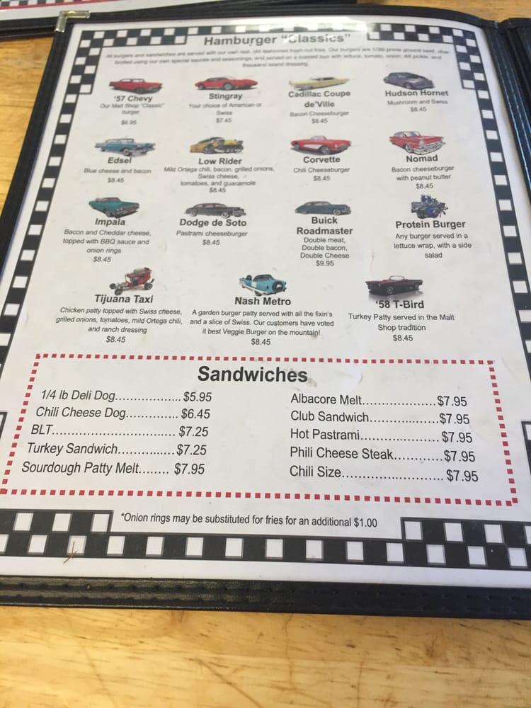 Menu at Cedar Glen Malt Shop restaurant, Lake Arrowhead