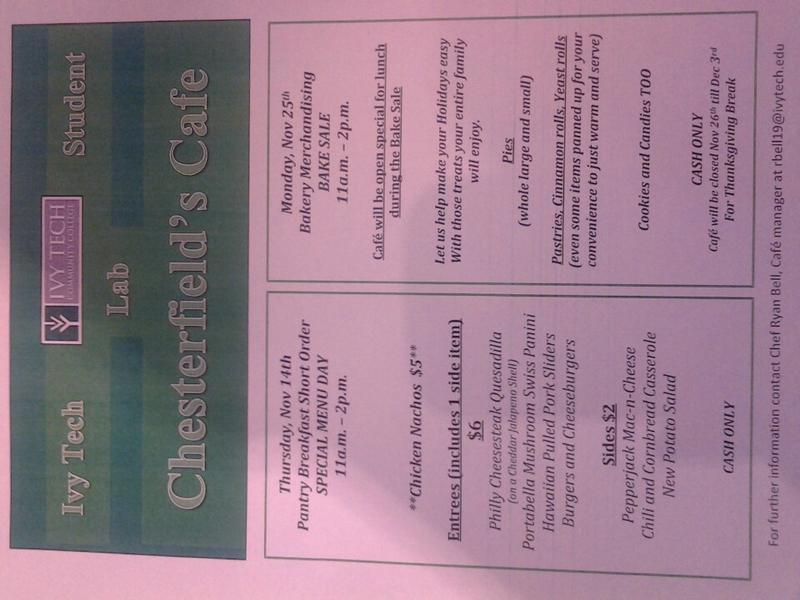 Menu at Chesterfield's cafe, Muncie