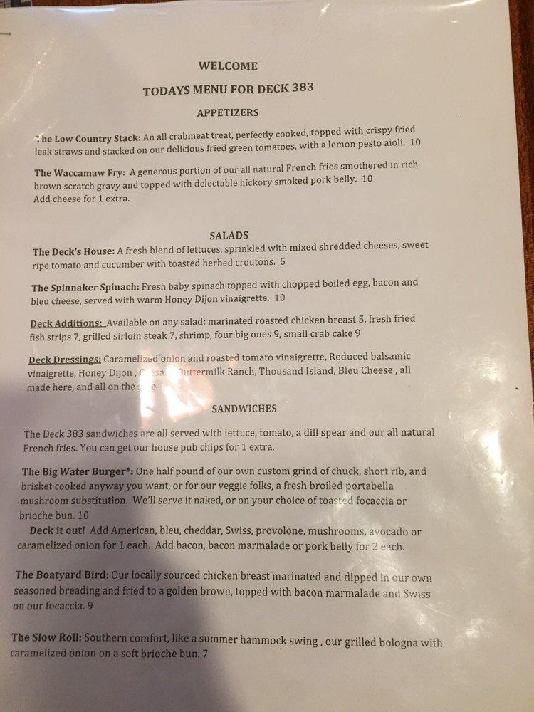 Menu at Walter's restaurant, Murrells Inlet