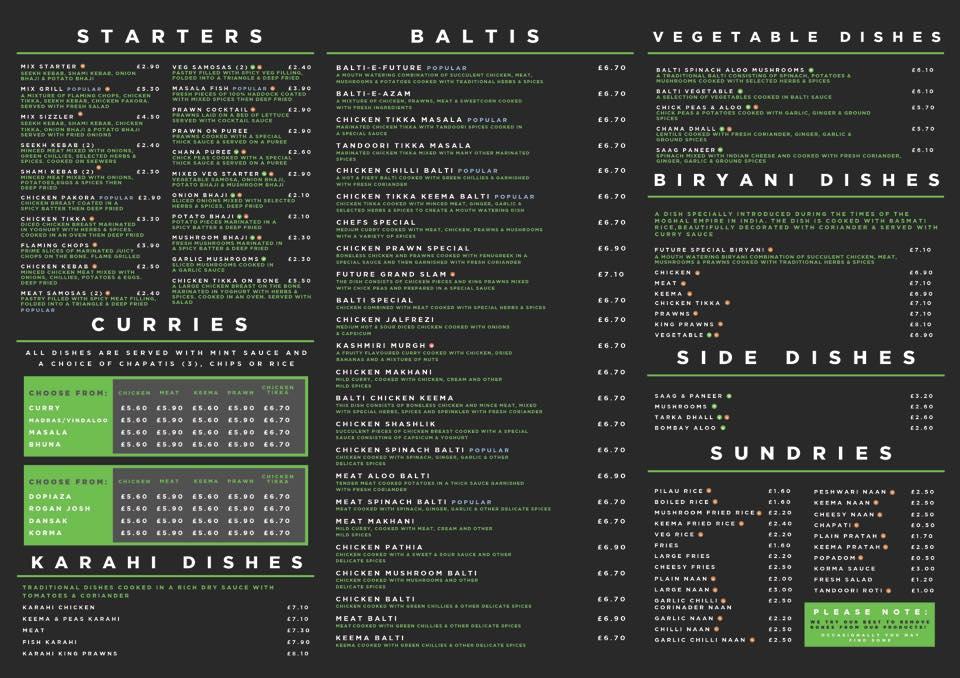 Carta del restaurante Future Balti, Bradford