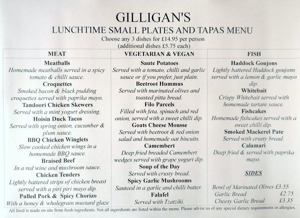 Menu at Gilligan's Restaurant, Swansea