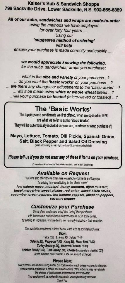 Menu au Kaiser's Sub & Sandwich Shoppe fast food, Lower Sackville