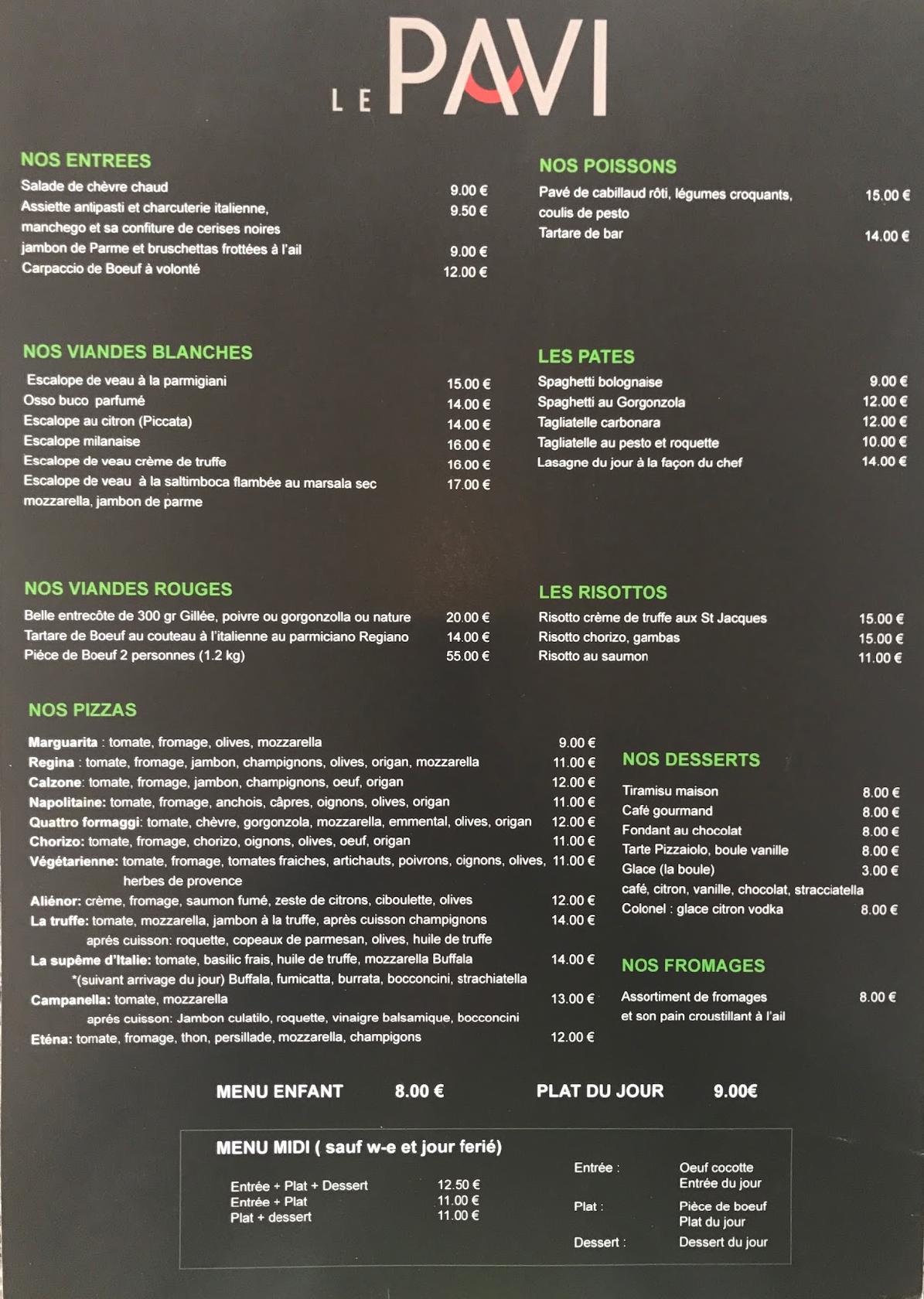 Menu at Le Pavi pizzeria, Arcachon
