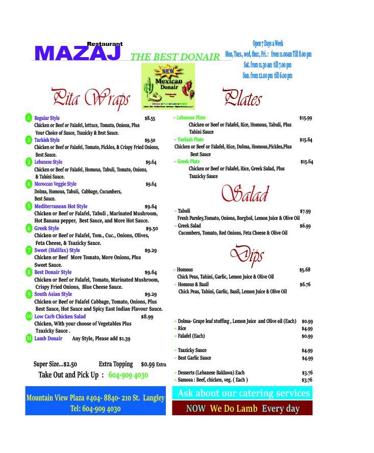 Menu at Mazaj Best Donair restaurant, Langley Township