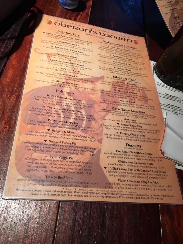 Menu at Oberon's Restaurant & Bar, Ashland
