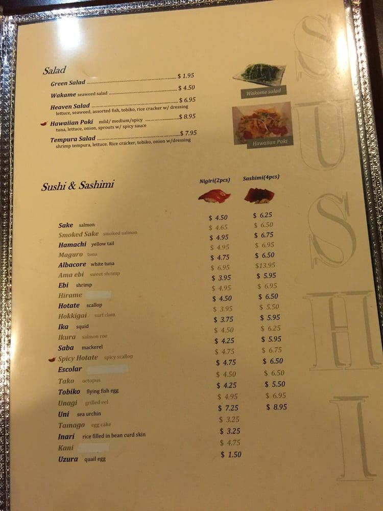 Menu at Sushi Heaven restaurant, Saratoga