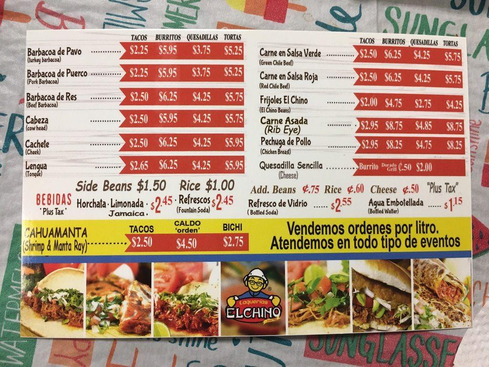 Carta del restaurante Taquerías El Chino, Phoenix, 1803 W Van Buren St