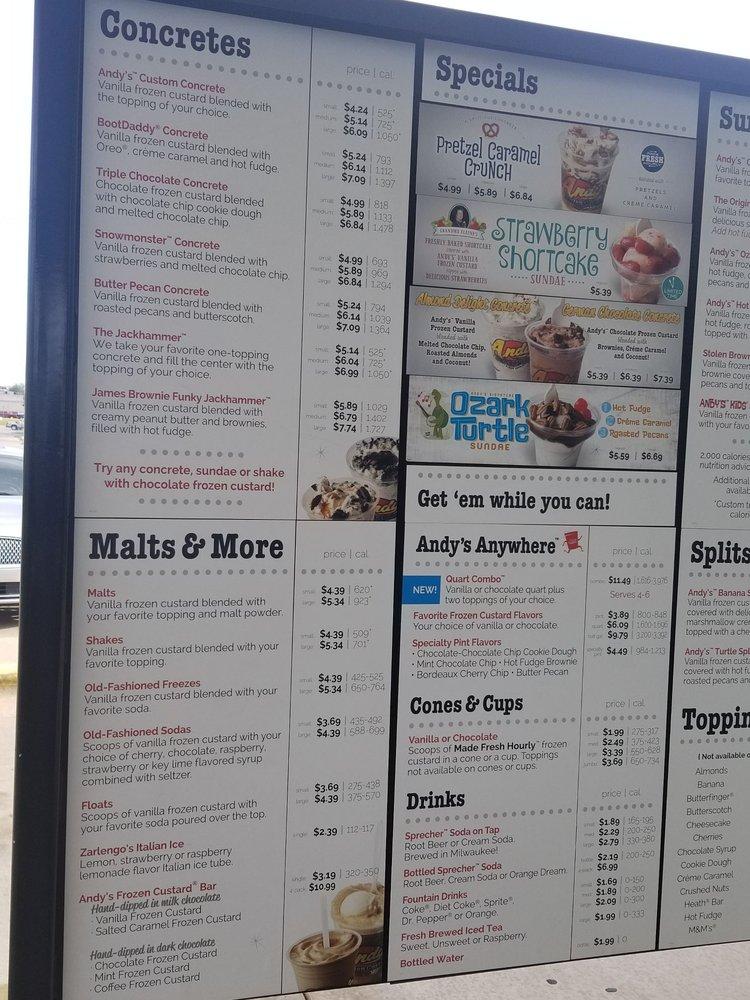 Menu at Andy's Frozen Custard desserts, Joplin, S Rangeline Rd