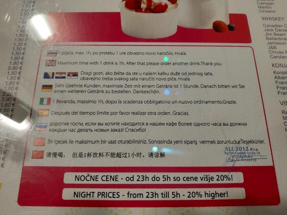 Menu da Box Bar, Lubiana