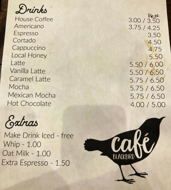 Menu at Cafe Blackbird, Denison