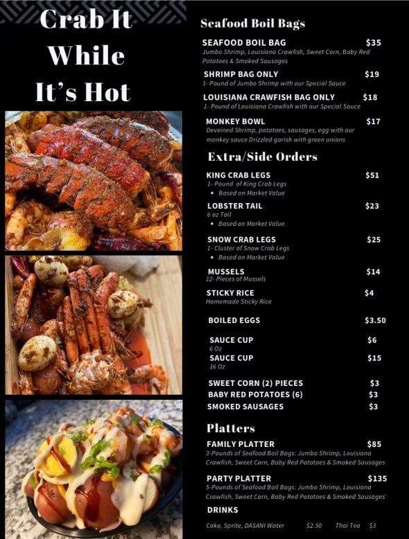 Menu at Crab it while it's hot restaurant, Visalia, S Mooney Blvd