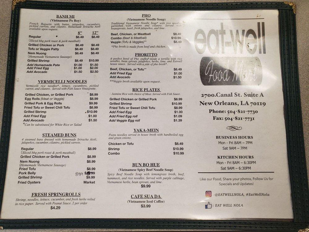 Menu at Eat-Well Food Mart restaurant, New Orleans, Canal St