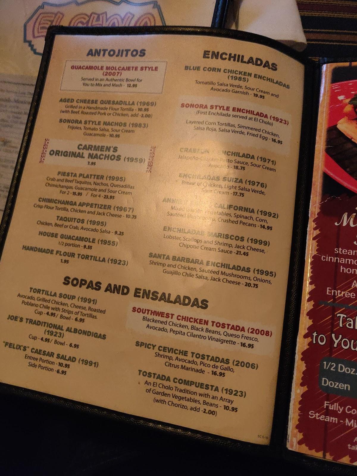 Menu at El Cholo pub & bar, Santa Monica, Wilshire Blvd
