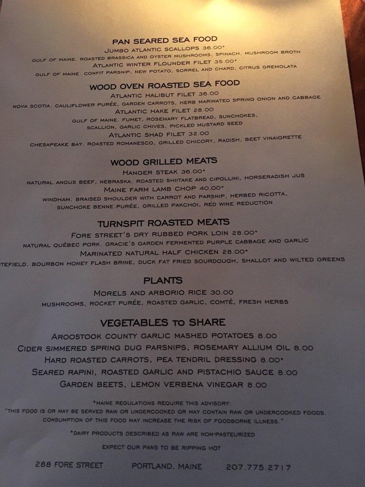 Menu at Fore Street Restaurant, Portland