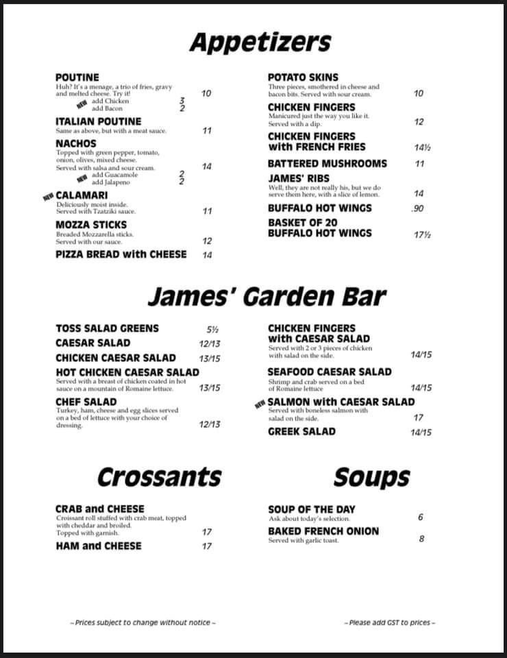 Menu at James Grill & Bar, Rimbey