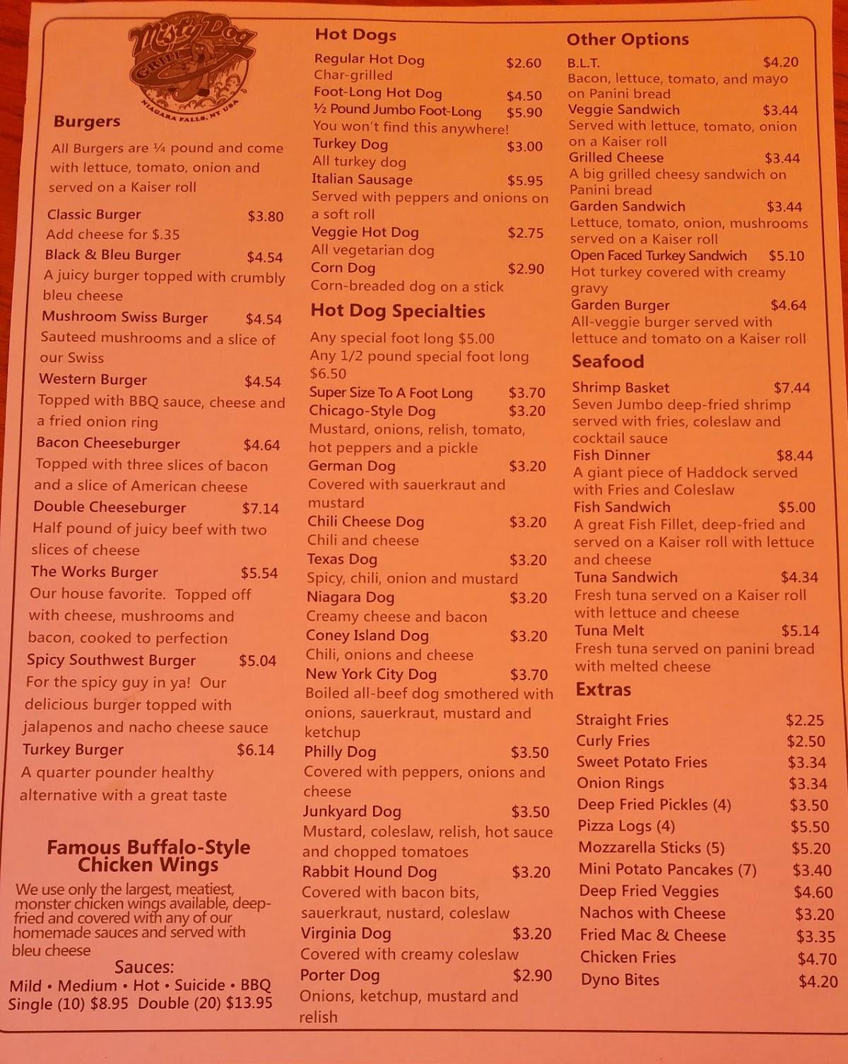 Menu at Misty Dog Grill restaurant, Niagara Falls