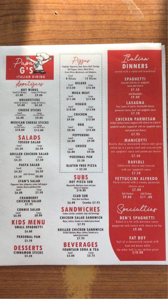 Menu at Papa G's Pizza pizzeria, Opp, US-84