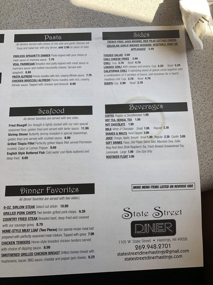Menu at State Street Diner restaurant, Hastings