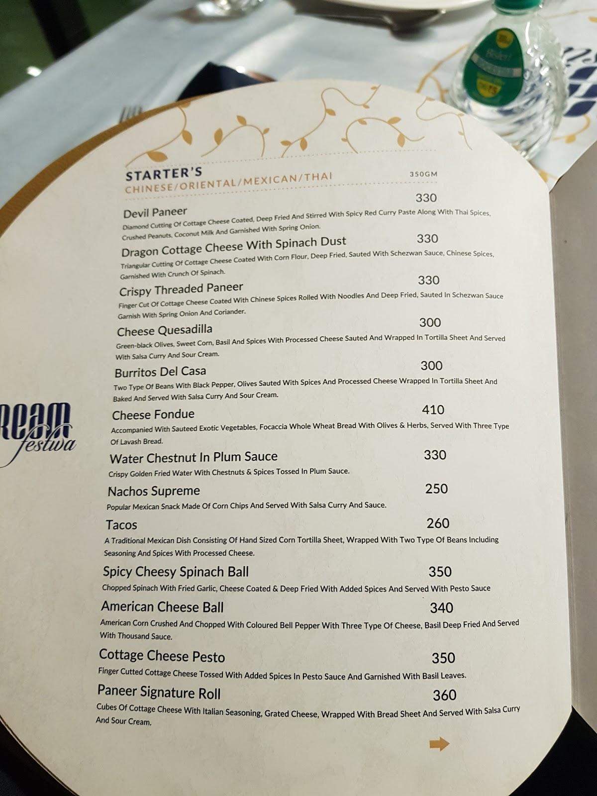 Menu at Dream Festiva, Surat