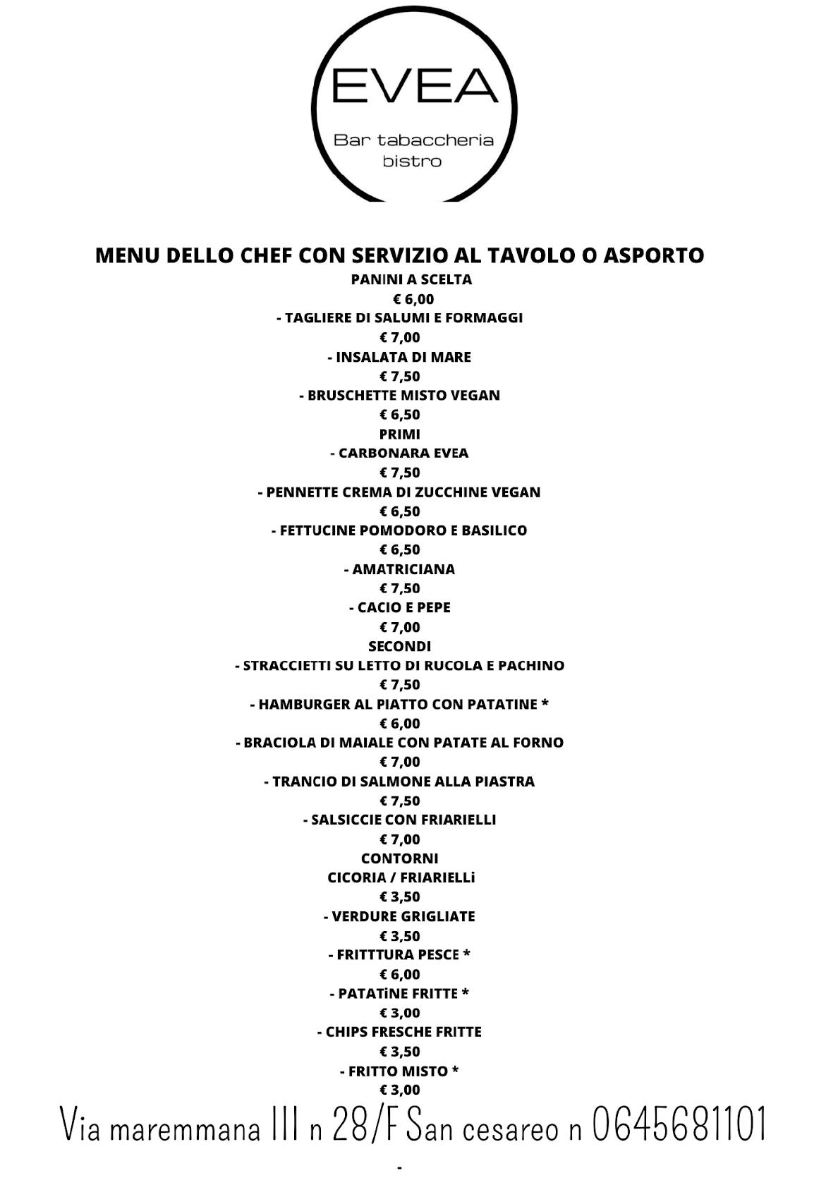 Menu da EVEA Bistro-Bar Tabaccheria, San Cesareo, Via Maremmana