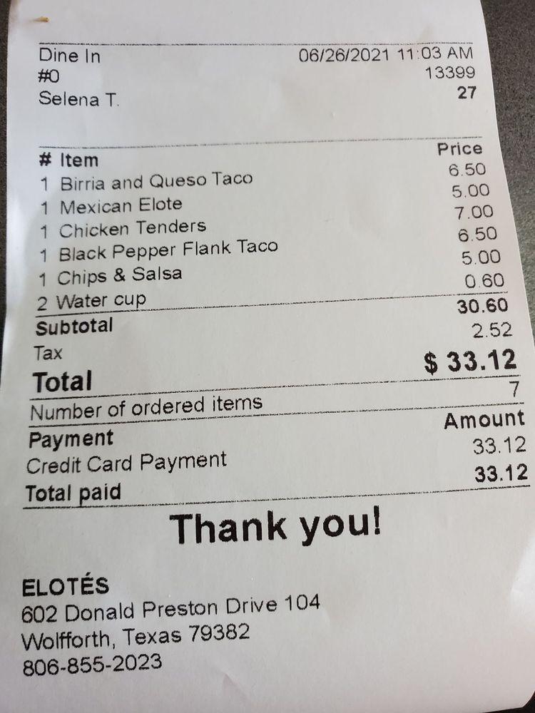 Menu at Elotés restaurant, Wolfforth