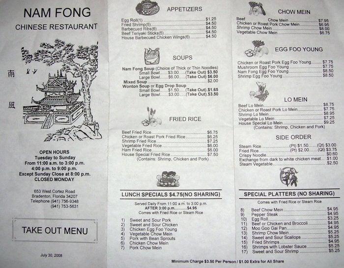 Menu at Nam Fong restaurant, Bradenton