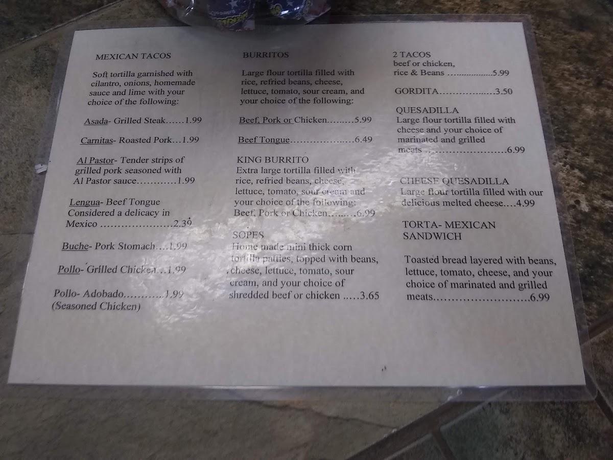 Menu at PRIMA MARKET TAQUERIA restaurant, Belleview, SE Abshier Blvd