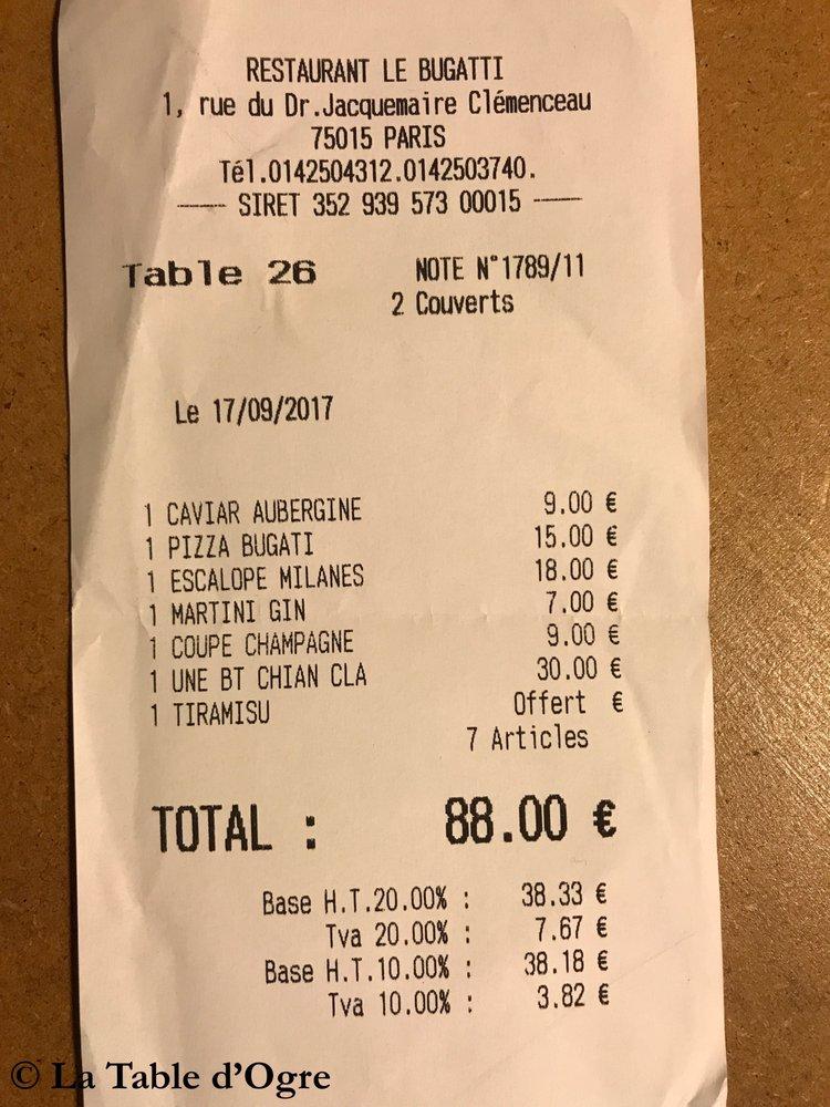Menu au Restaurant le Bugatti, Paris