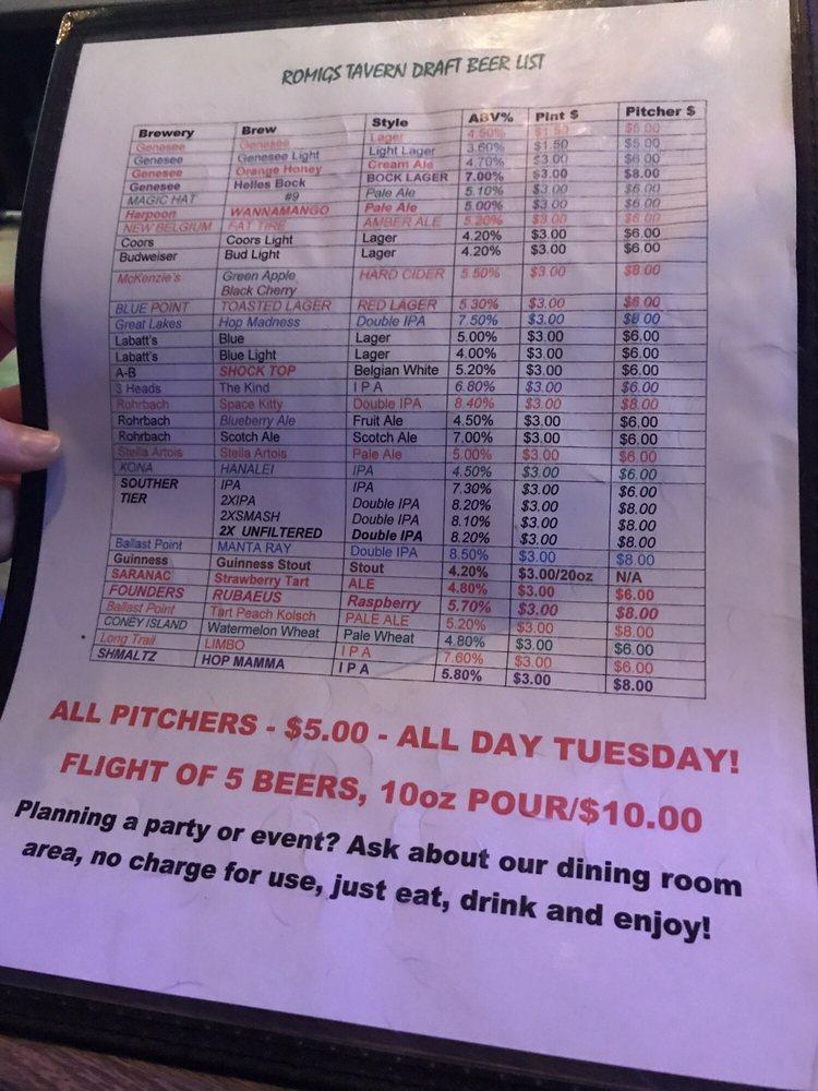 Menu at Romig's Tavern pub & bar, Rochester