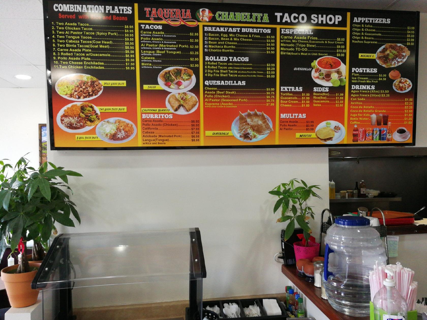 Menu at Taqueria Chabelita Taco Shop restaurant, Vista