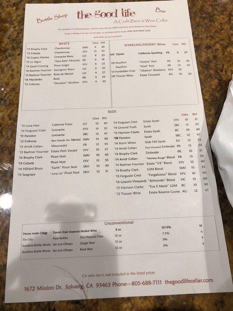 Menu at The Good Life pub & bar, Solvang