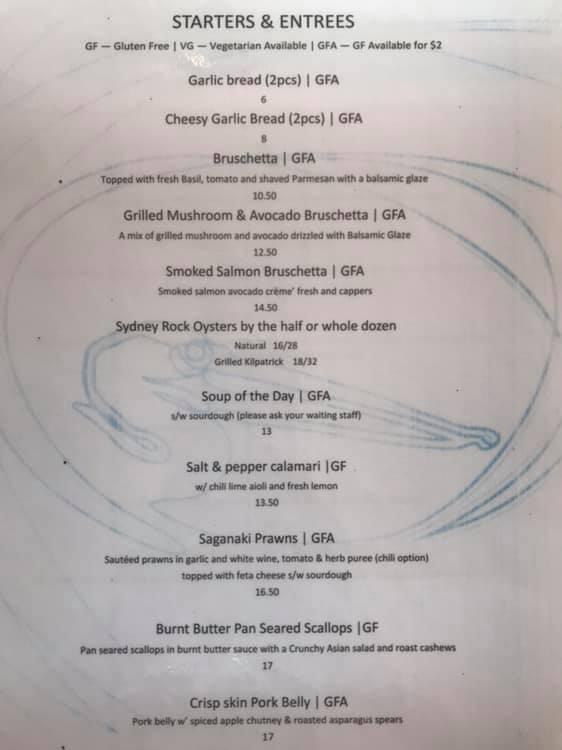 Menu at The Pelican Waterfront Cafe & Restaurant, Saint Georges Basin