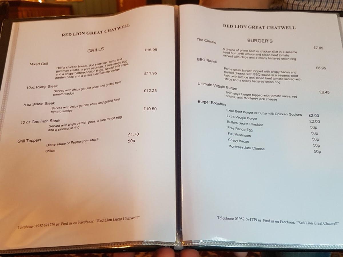 Menu at The Red Lion at Great Chatwell restaurant, Blymhill and Weston ...