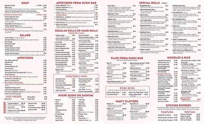 Menu at W & Z Asian Bistro & Sushi Bar, Prescott Valley