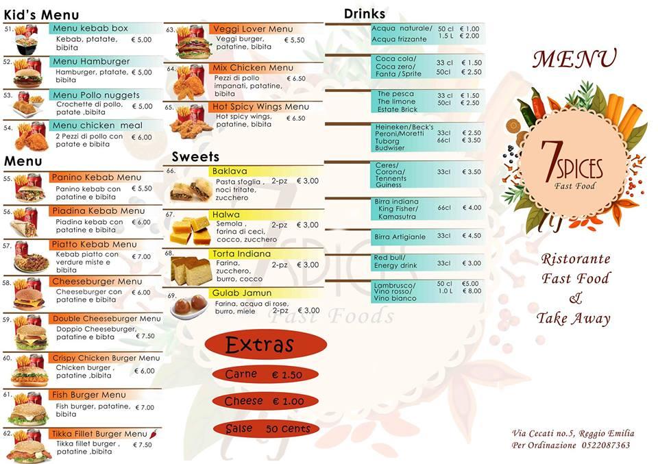 Menu at 7 Spices restaurant, Reggio Emilia