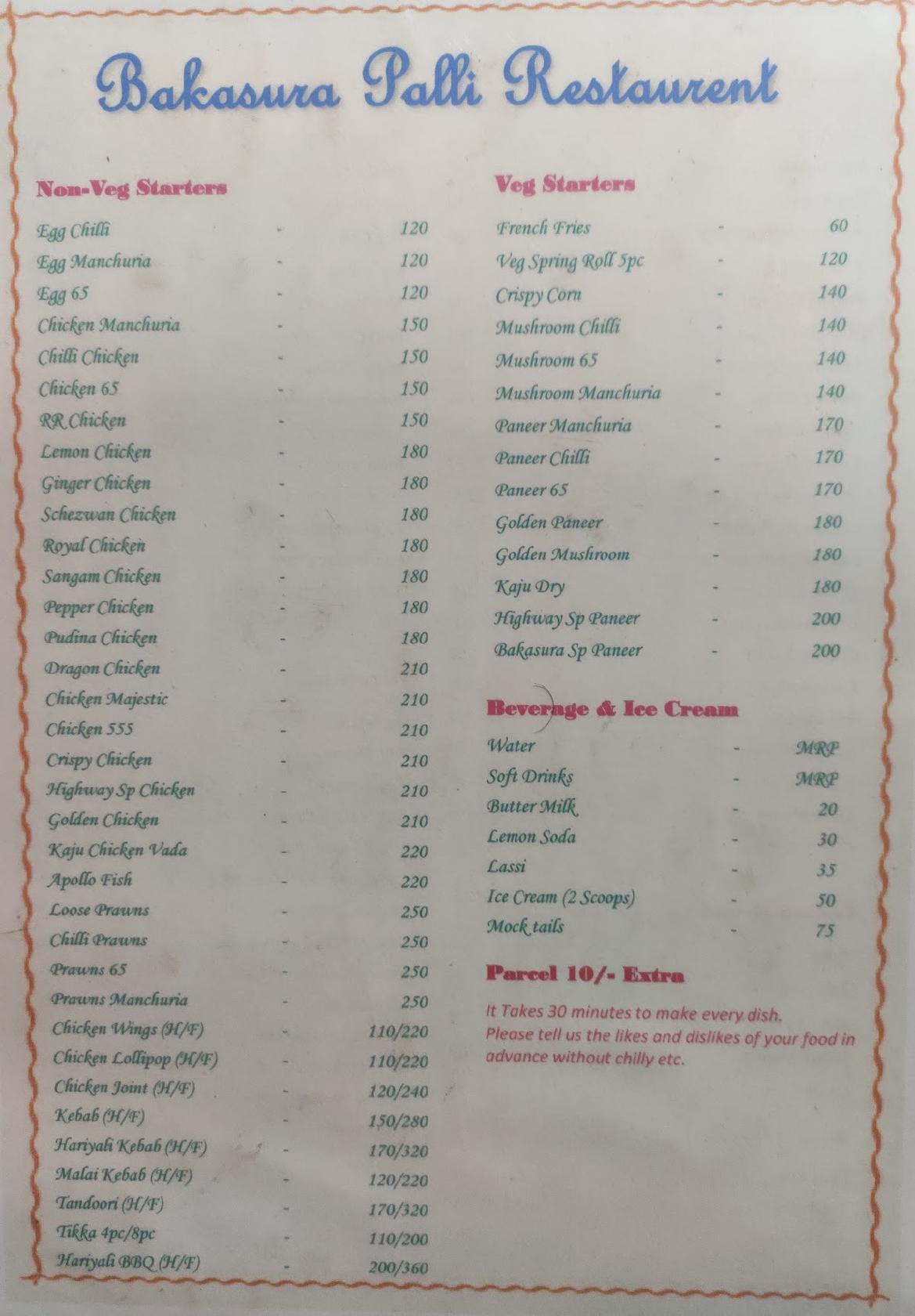 Menu at New bakasurapalli Dabha, India