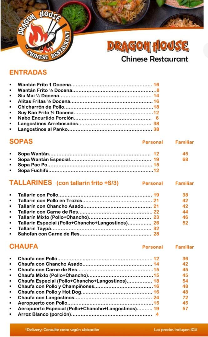 Carta de Dragon House Chinese Restaurant, La Perla
