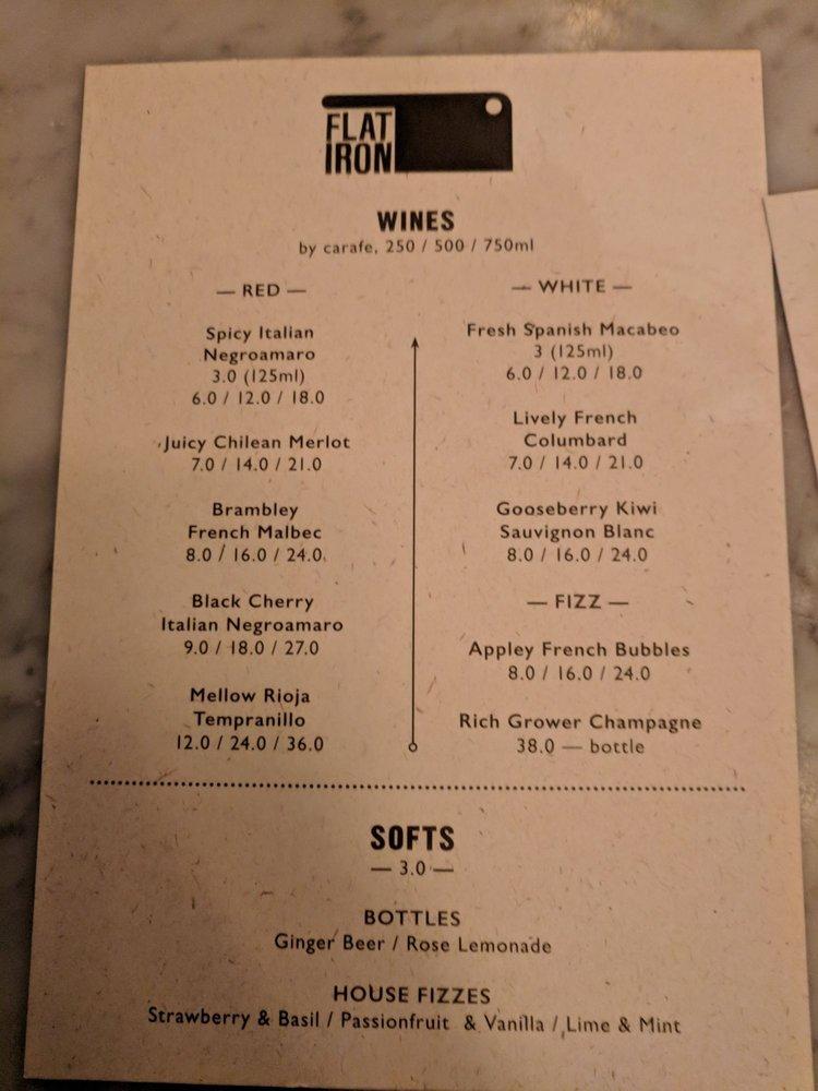 Menu at Flat Iron Covent Garden steakhouse, London, 17-18 Henrietta St