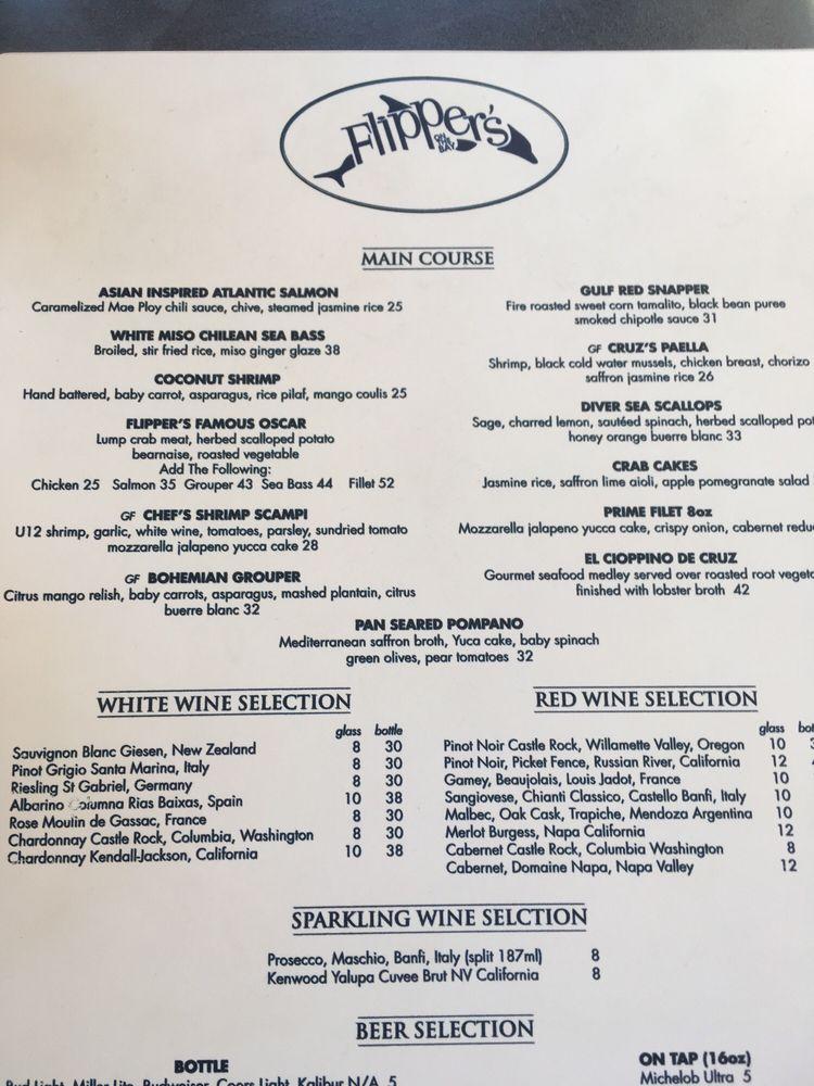 Menu at Flippers restaurant, Fort Myers Beach
