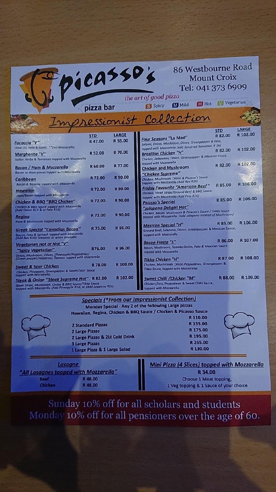 Menu at Picasso's Pizza Bar, Port Elizabeth