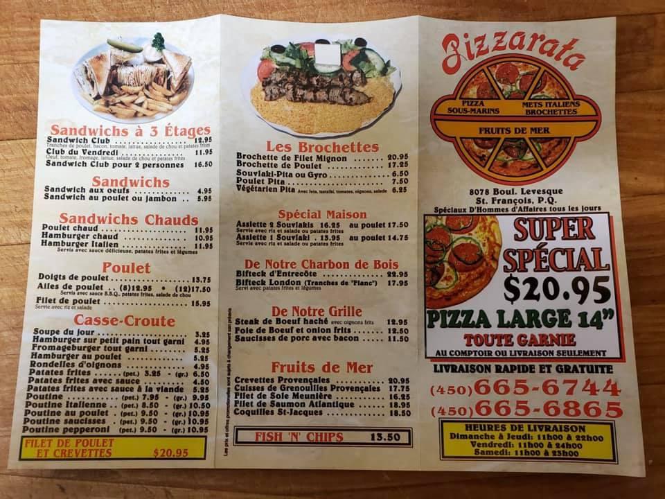 Menu at Pizzarata pizzeria, Laval