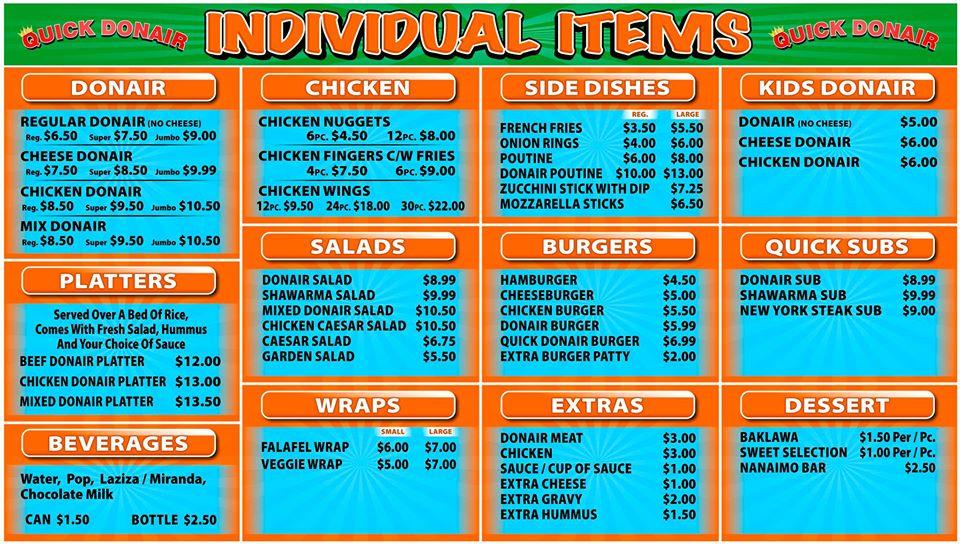 Menu at Privilege Donair fast food, Edmonton