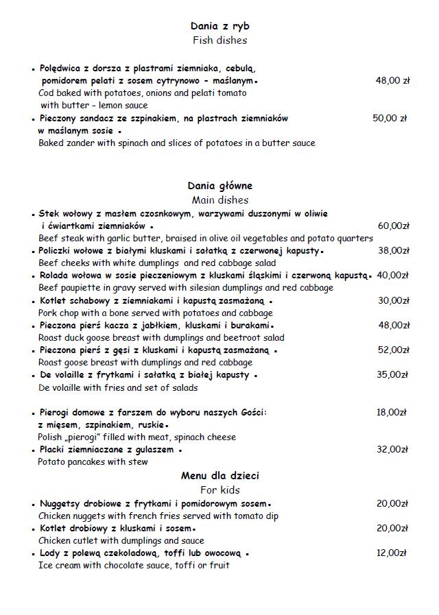 Menu at Stodoly, Rybnik