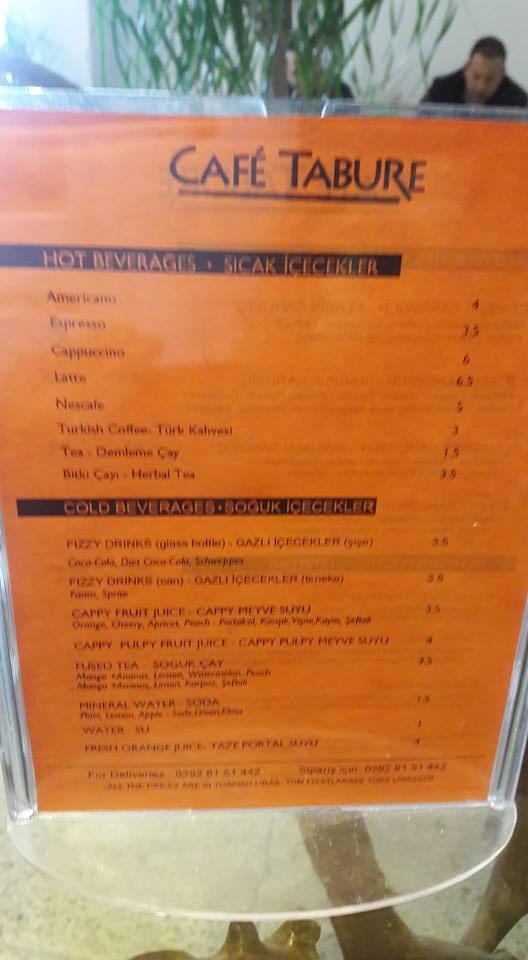 Menu at CAFE TABURE, Cyprus