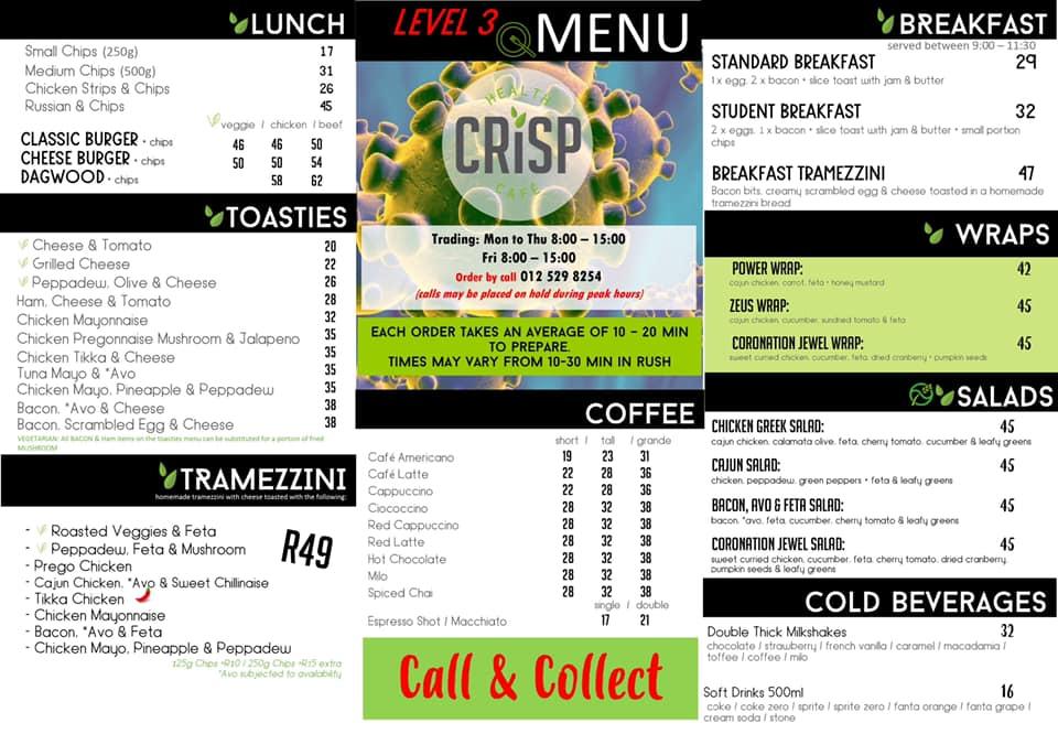 Menu at Crisp Health Café Onderstepoort restaurant, Pretoria