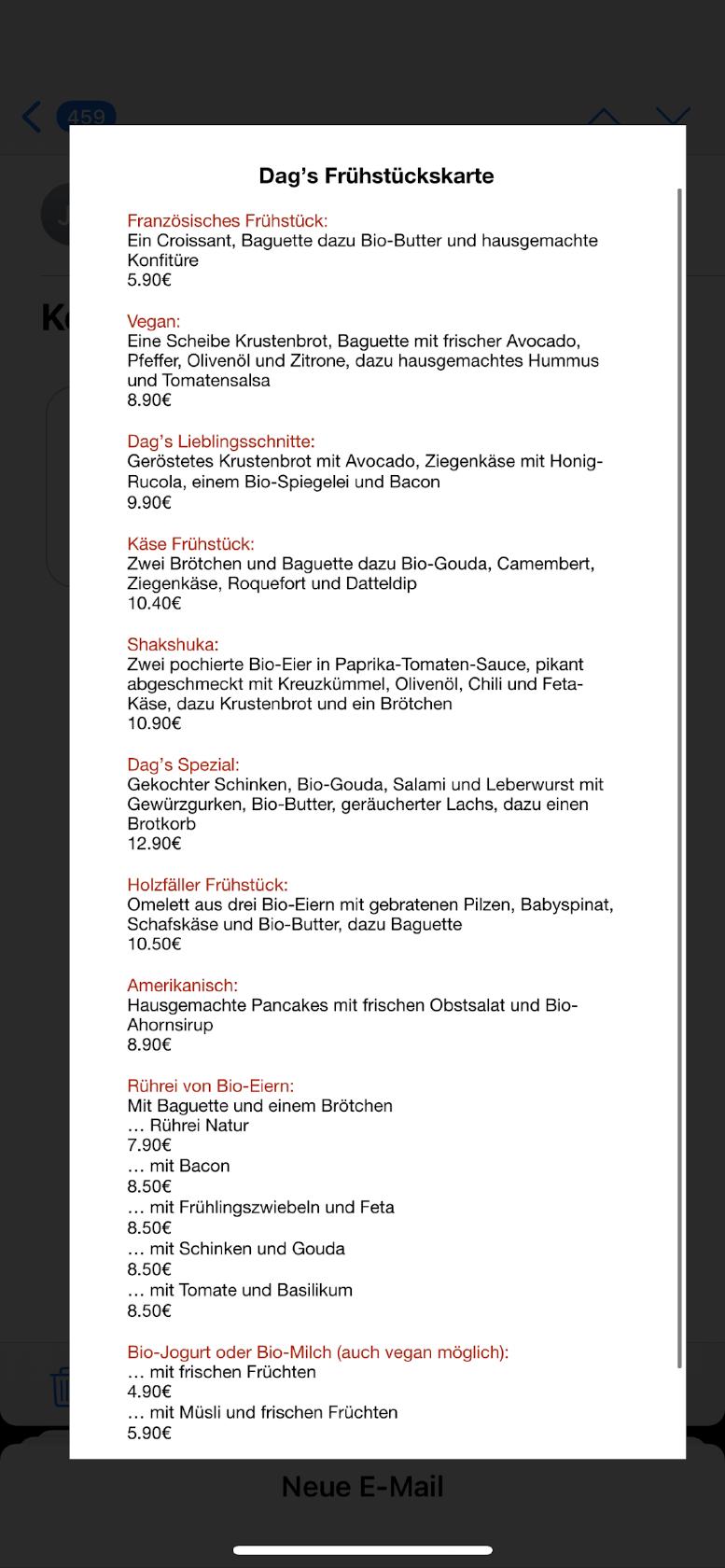 Menu at Dag's Restaurant bar &cafe, Cologne