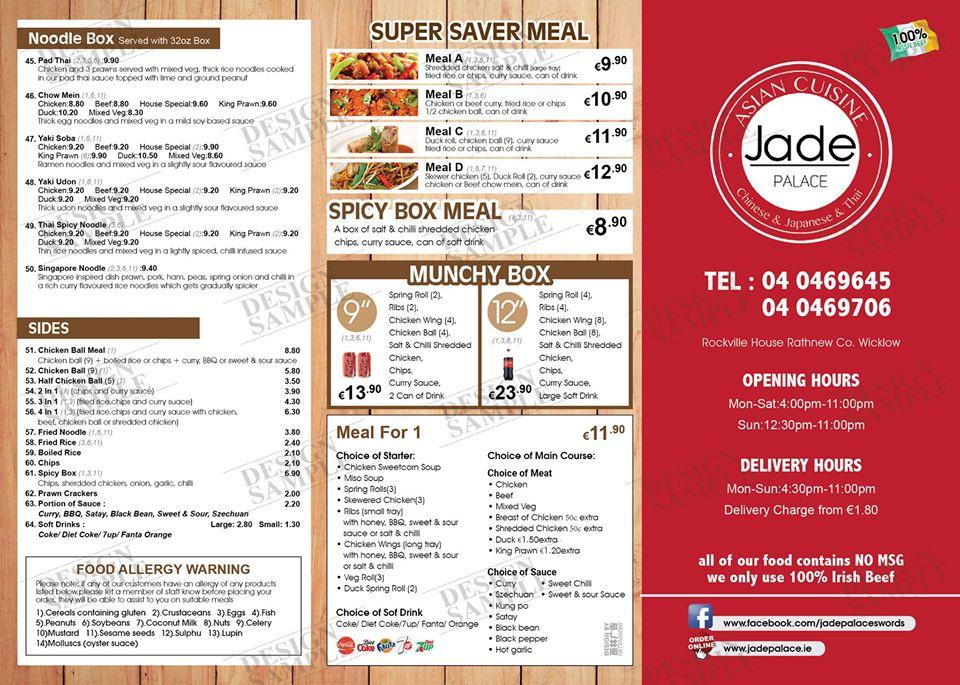 Menu at Jade Palace Chinese Takeaway restaurant, Rathnew