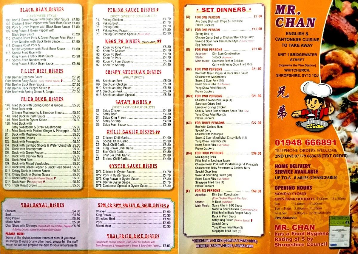 Menu at Mr Chan Chinese Takeaway restaurant, Whitchurch