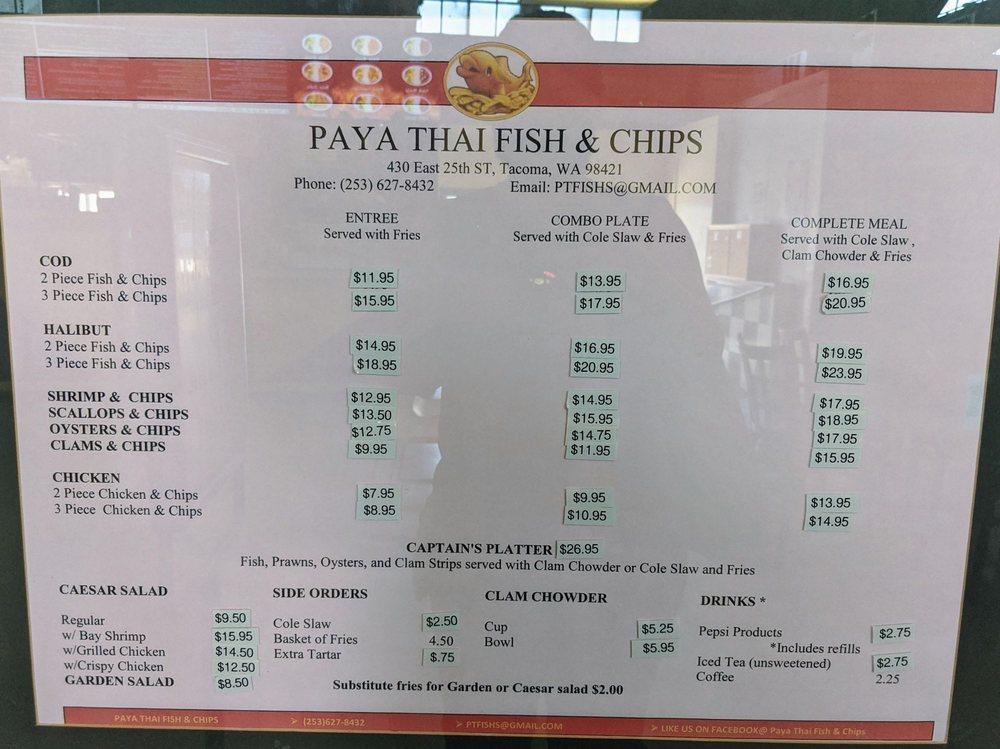 Menu at Paya Thai Fish & Chips restaurant, Tacoma