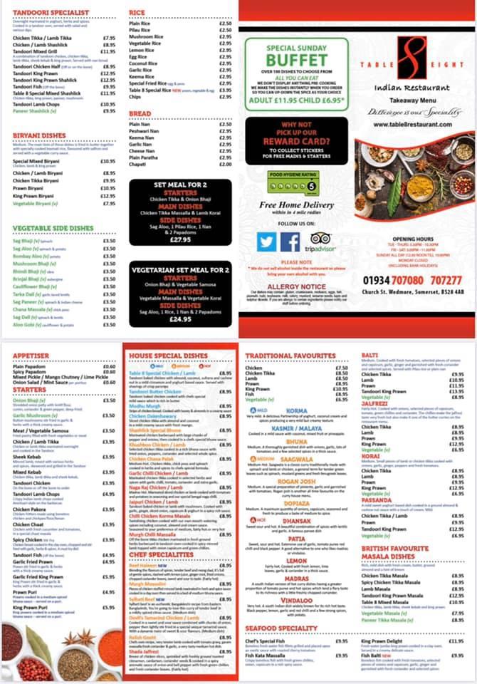 Menu at Table 8 restaurant, Wedmore